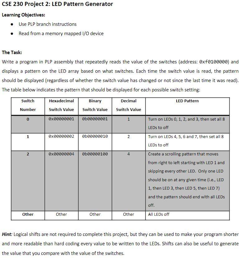 Solved CSE 230 Project 2: LED Pattern Generator Learning | Chegg.com