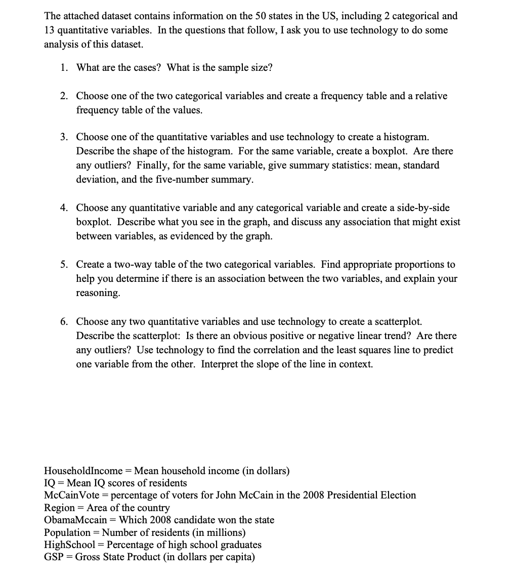 Solved The attached dataset contains information on the 50 | Chegg.com