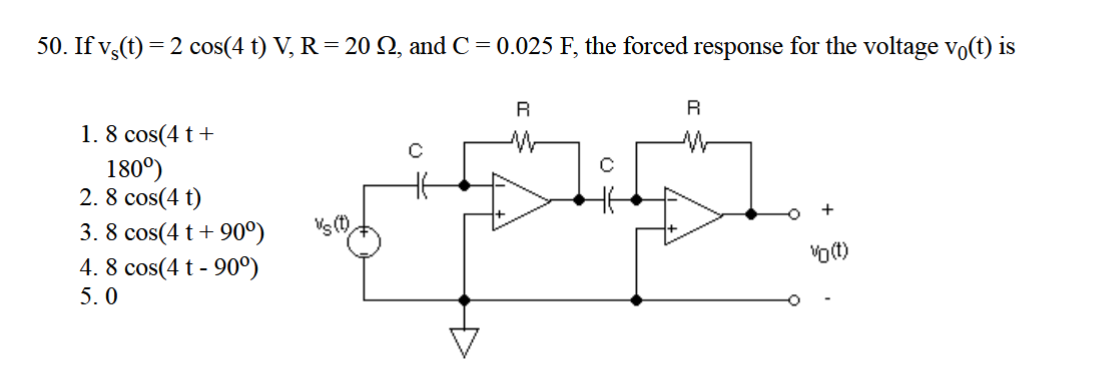Solved If vs(t)=2cos(4t)V,R=20Ω, ﻿and C=0.025F, ﻿the forced | Chegg.com