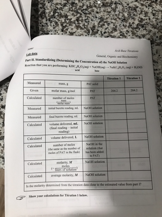 Acid-Base Titrations Lab data Part II. Standardizing | Chegg.com Acid-Base Titrations Lab data Part II. Standardizing | Chegg.com