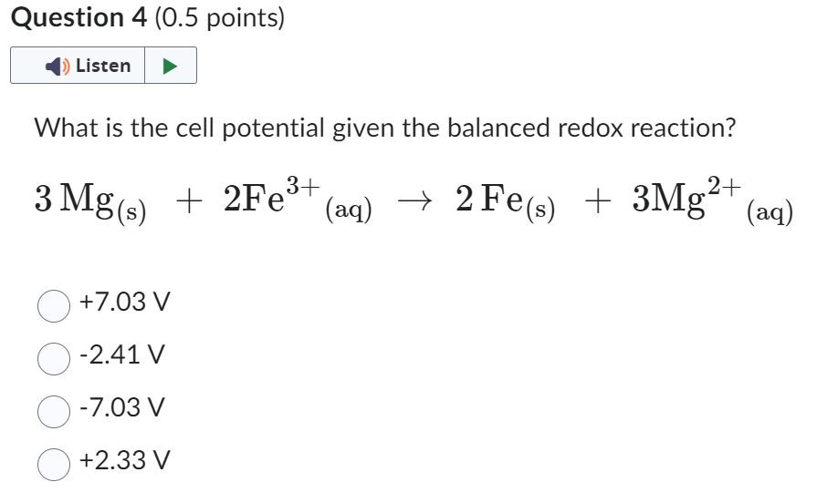 Solved What is the cell potential given the balanced redox | Chegg.com