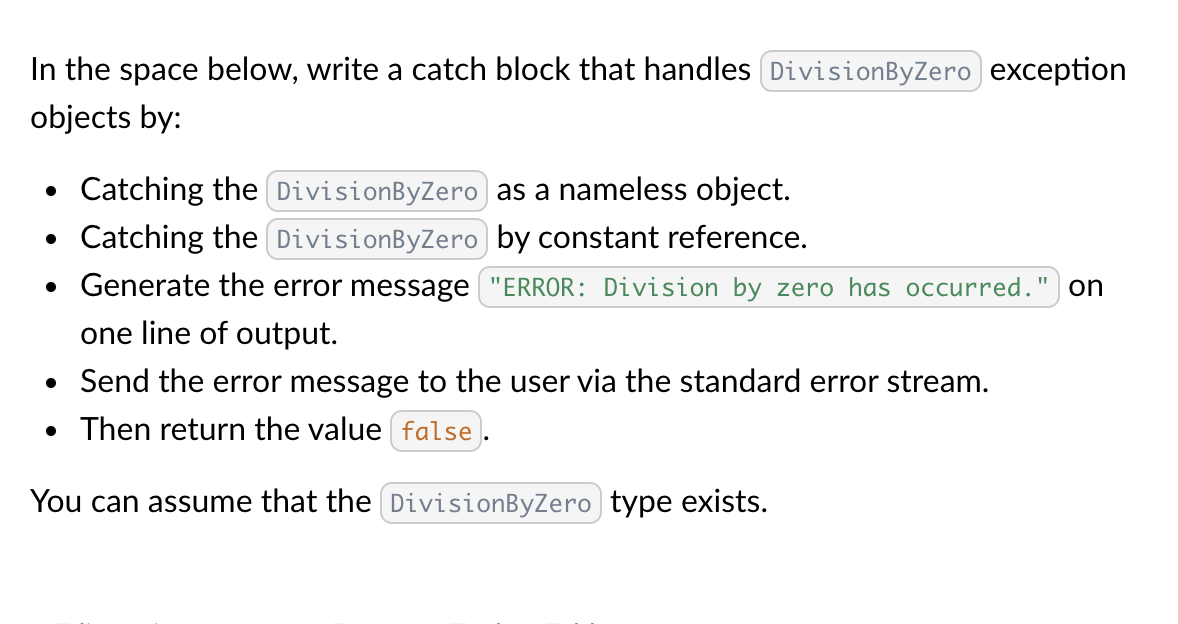 Solved a In the space below, write a catch block that | Chegg.com