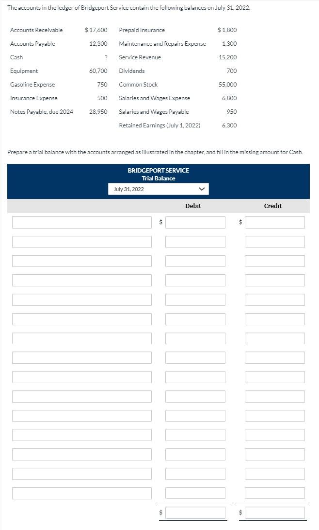 Solved The accounts in the ledger of Bridgeport Service | Chegg.com