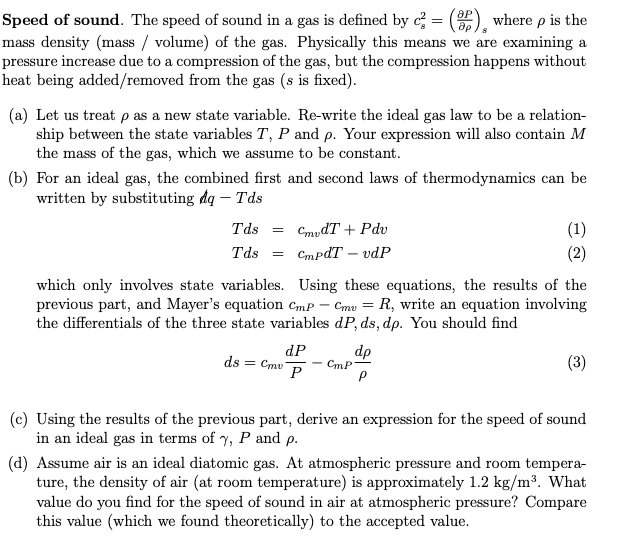 Solved Speed of sound. The speed of sound in a gas is | Chegg.com