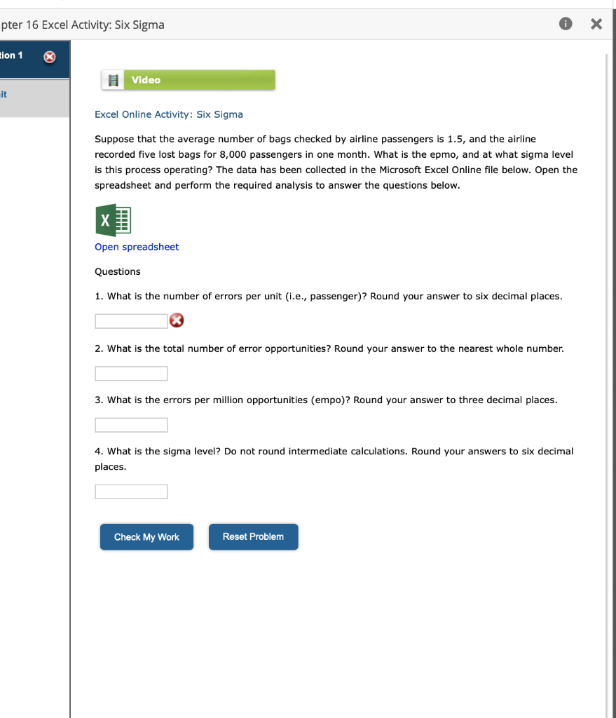 Solved pter 16 Excel Activity: Six Sigma tion 1 Video it | Chegg.com