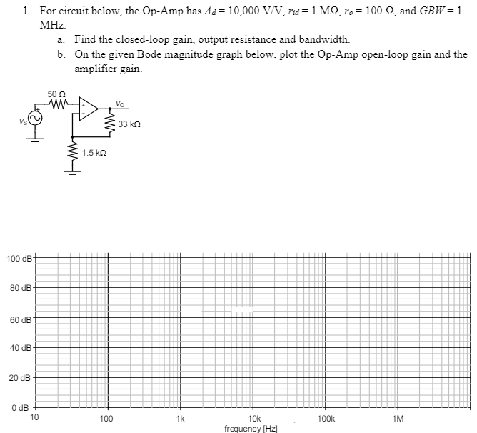 Solved 1. For circuit below, the Op-Amp has Ad = 10,000 V/V, | Chegg.com