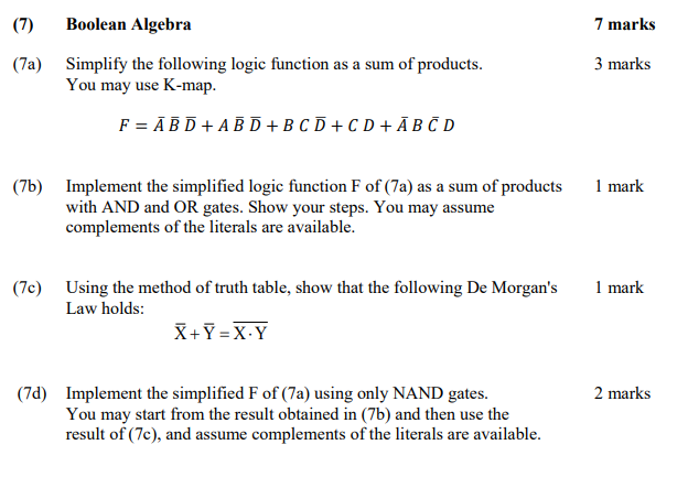 Solved (7) Boolean Algebra 7 marks (7a) 3 marks Simplify the | Chegg.com