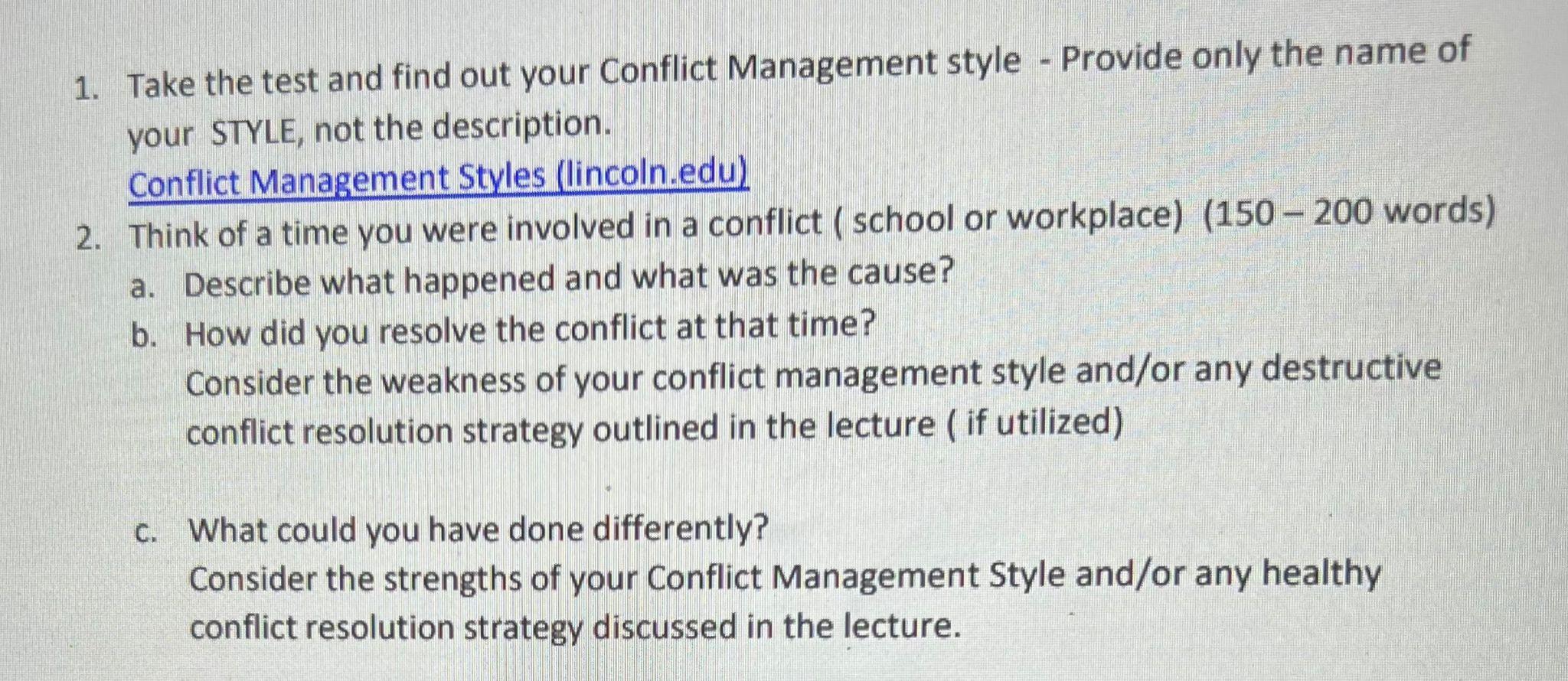 1. Take the test and find out your Conflict | Chegg.com