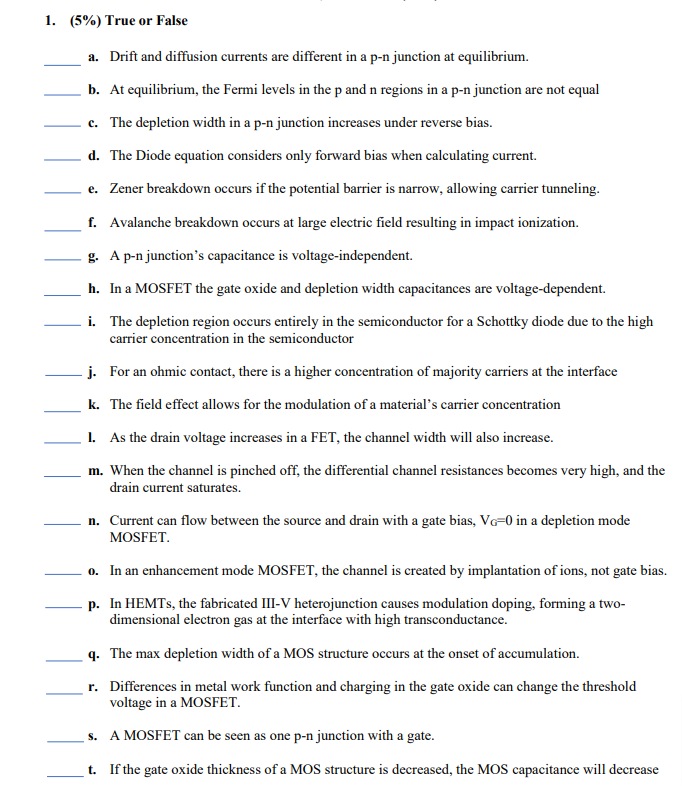 Solved 1. (5\%) ﻿True or Falsea. ﻿Drift and diffusion | Chegg.com