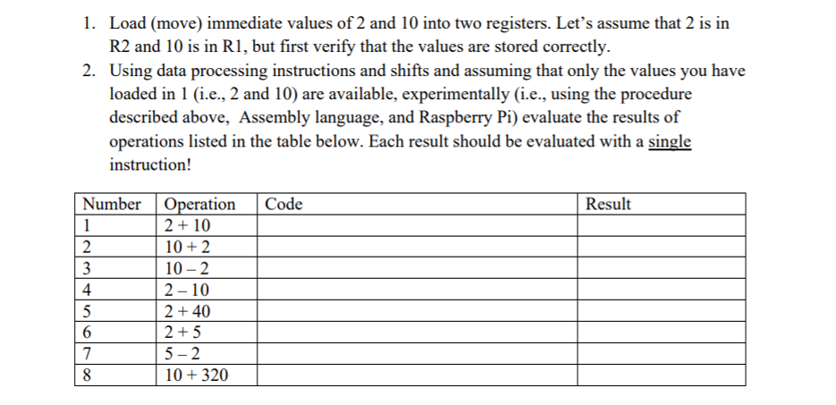 1. Load (move) immediate values of 2 and 10 into two | Chegg.com