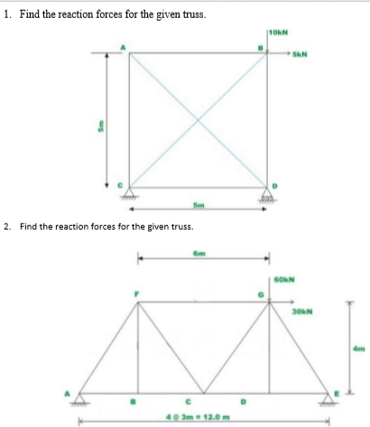 Solved 1. Find the reaction forces for the given truss. 2. | Chegg.com