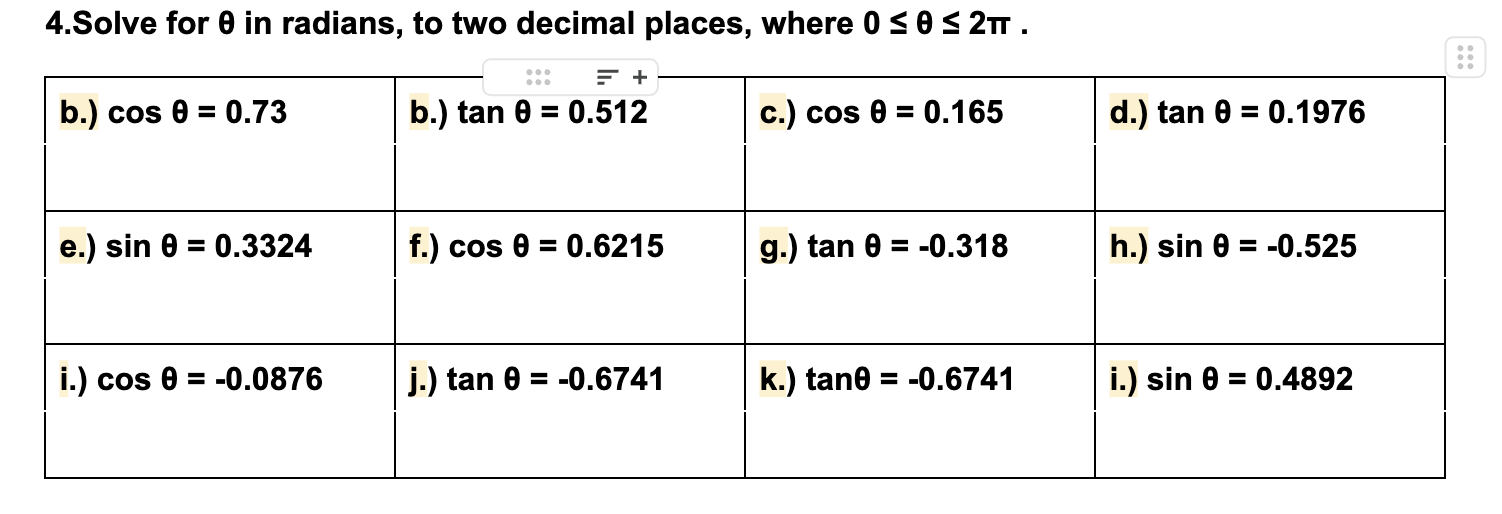 Solved 4.Solve for θ in radians, to two decimal places, | Chegg.com