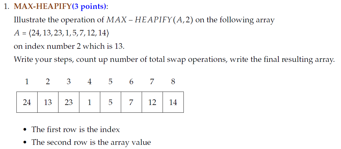 Solved 1. MAX-HEAPIFY(3 points): Illustrate the operation of | Chegg.com