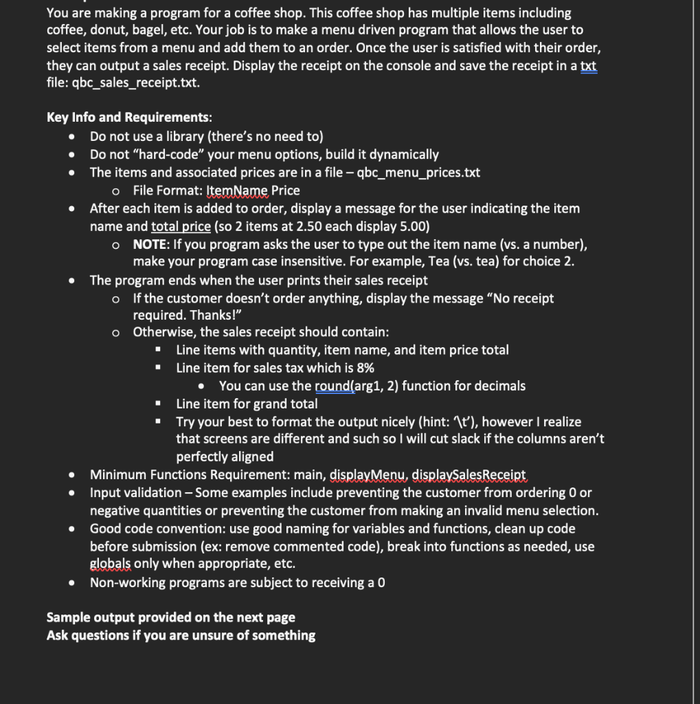 Solved You are making a program for a coffee shop. This | Chegg.com