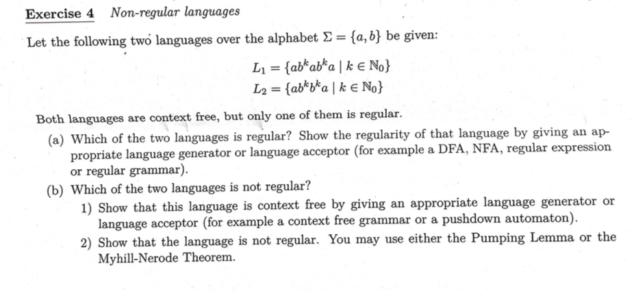 Exercise 4 Non-regular languages Let the following | Chegg.com