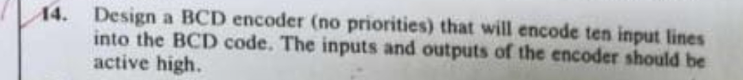 Solved Design a BCD encoder (no priorities) that will encode | Chegg.com