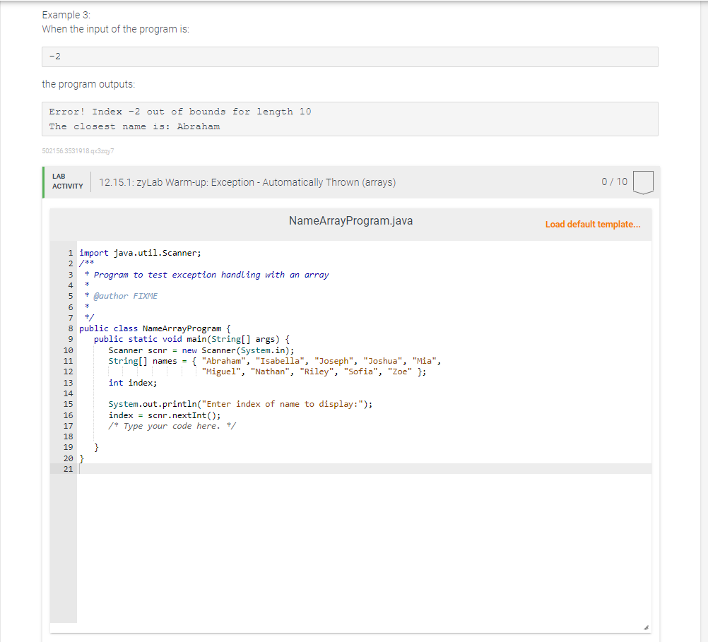 12.15 zyLab Warm-up: Exception - Automatically Thrown | Chegg.com