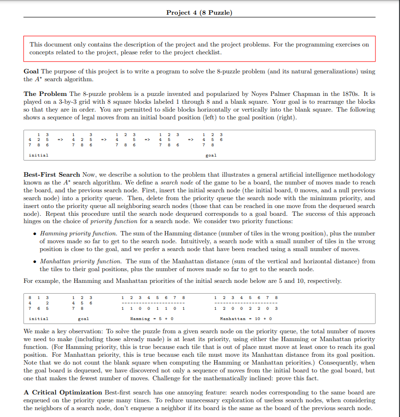 Project 4 (8 Puzzle) This document only contains the | Chegg.com