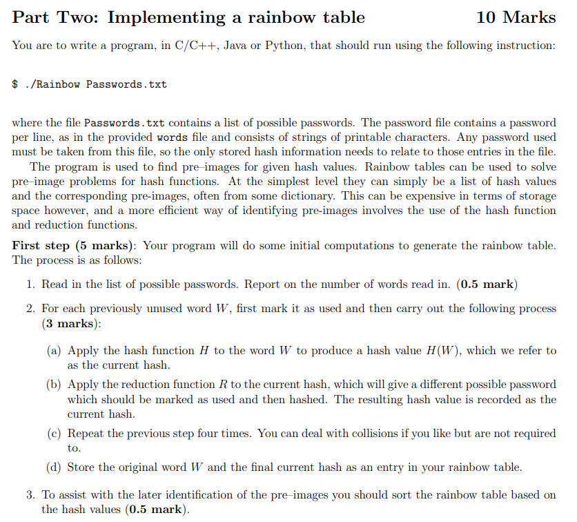 Part Two: Implementing a rainbow table 10 Marks You | Chegg.com