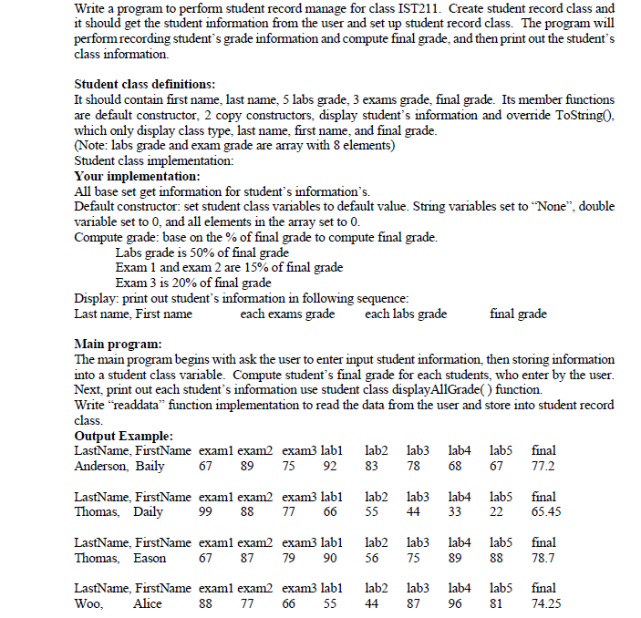 Write a program to perform student record manage for | Chegg.com