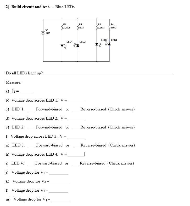 Solved 2) Build circuit and test. - Blue LEDs R2 R3 R1 32.20 | Chegg.com