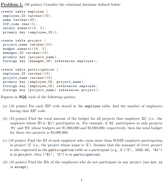Problem 1. (80 points) Consider the relational | Chegg.com