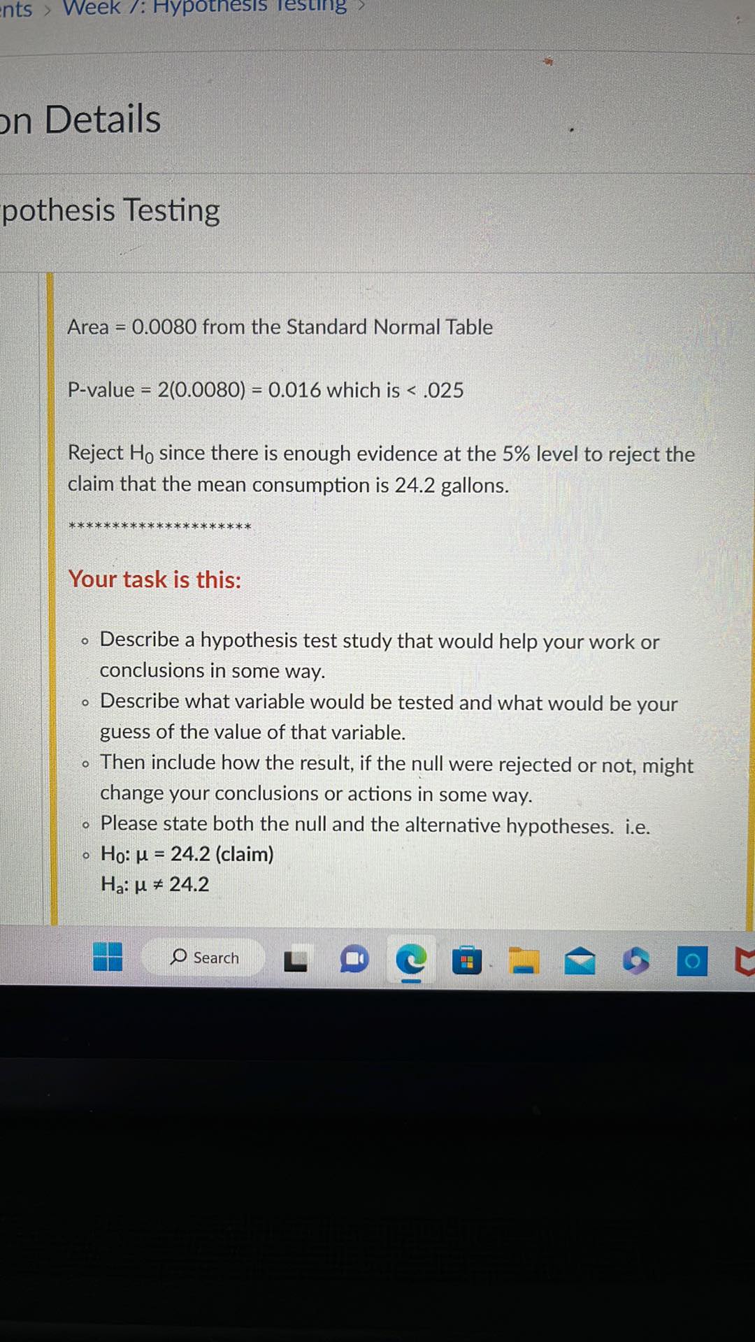 Solved pothesis Testing Area =0.0080 from the Standard | Chegg.com