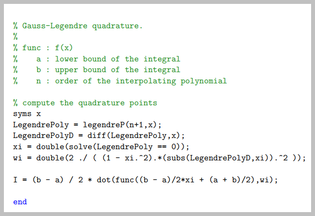 Solved function I = GaussLegendreInt(func, a,b,n) % | Chegg.com