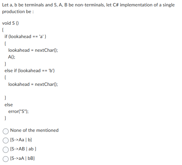 Solved Let a,b ﻿be terminals and S,A,B ﻿be non-terminals, | Chegg.com