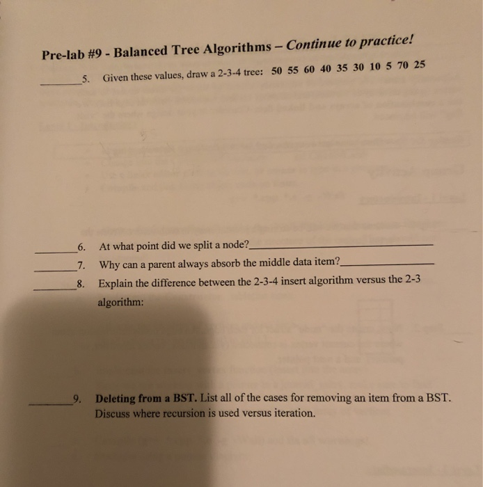Solved Pre-lab #9-Balanced Tree Algorithms-Continue to | Chegg.com