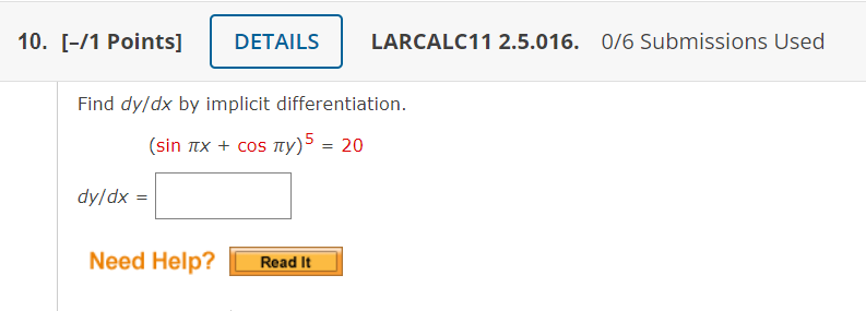 Solved 10. [-/1 Points] Find dy/dx by implicit | Chegg.com