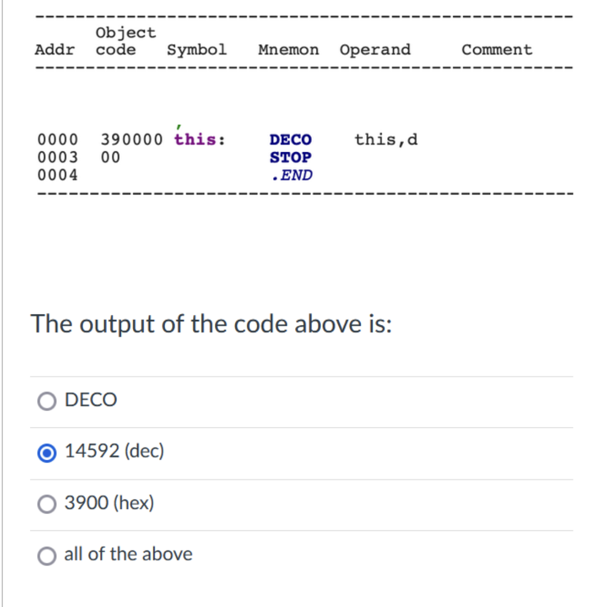 Solved The output of the code above is: DECO 14592(dec) | Chegg.com