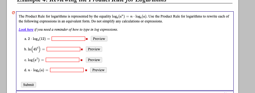 Solved The Product Rule for logarithms is represented by the | Chegg.com
