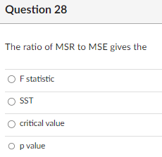 Solved The ratio of MSR to MSE gives the F statistic SST | Chegg.com