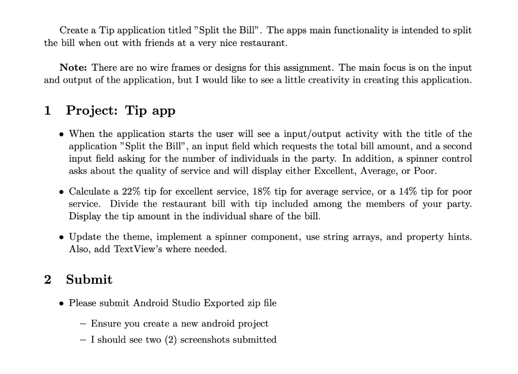 Create a Tip application titled "Split the Bill". The | Chegg.com