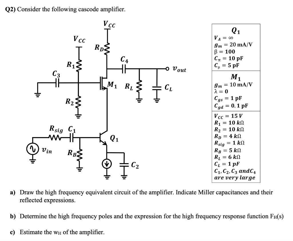 Q2) Consider the following cascode amplifier. a) Draw | Chegg.com