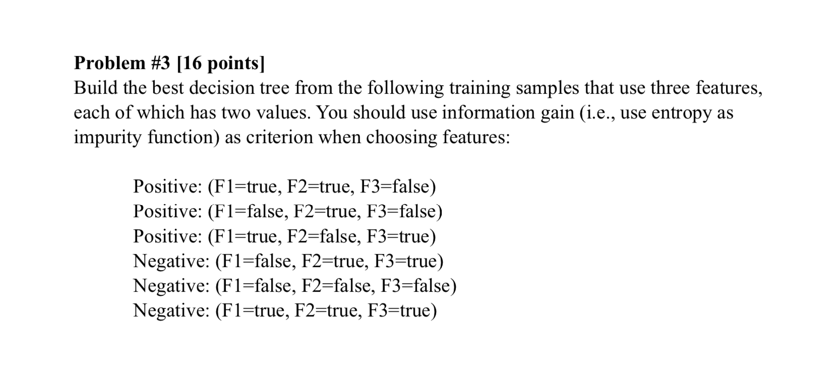 Solved Problem #3 [16 points] Build the best decision tree | Chegg.com