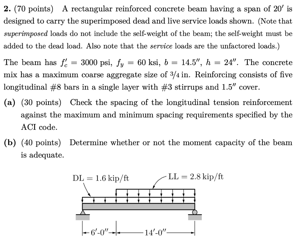 Solved 2. (70 points) A rectangular reinforced concrete beam | Chegg.com