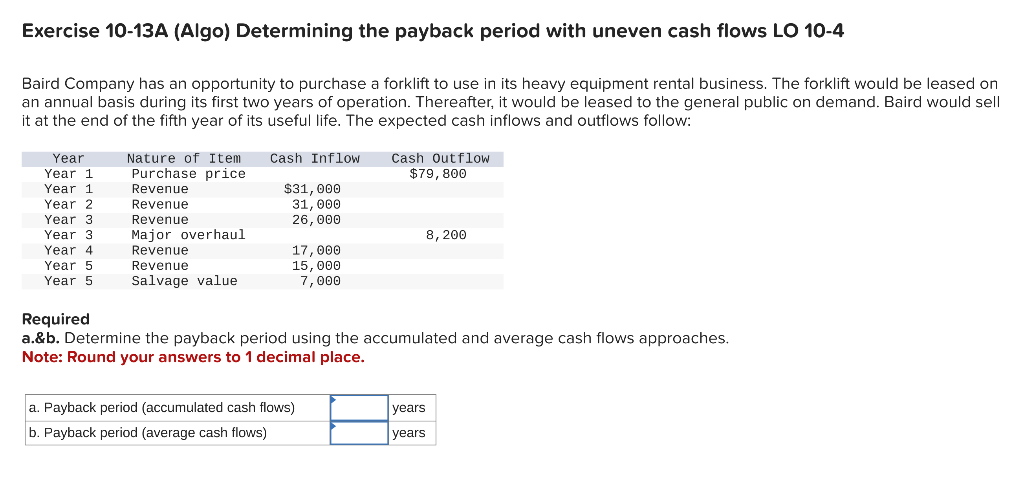 Solved Exercise 10-13A (Algo) Determining the payback period | Chegg.com
