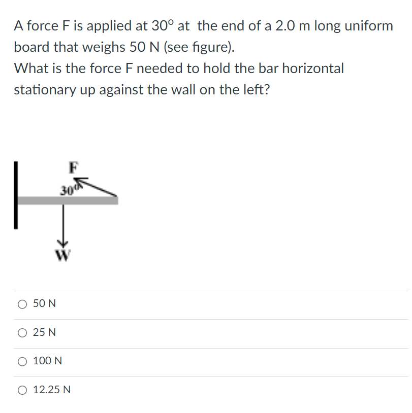 Solved A force F is applied at 30∘ at the end of a 2.0 m | Chegg.com