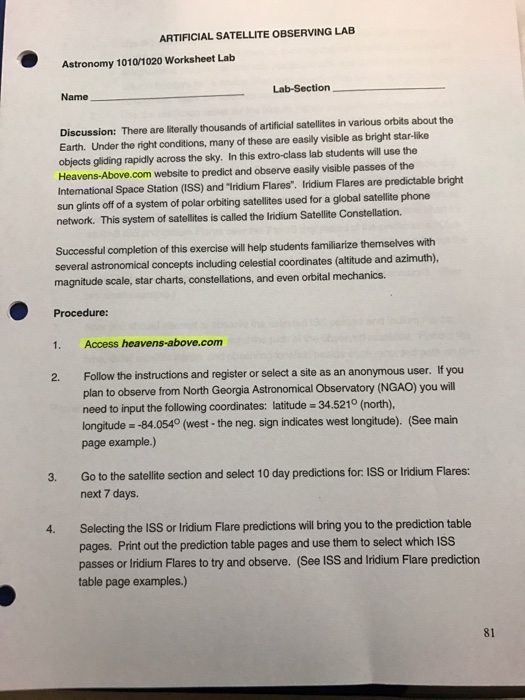 Solved ARTIFICIAL SATELLITE OBSERVING LAB Astronomy 101a1020 | Chegg.com