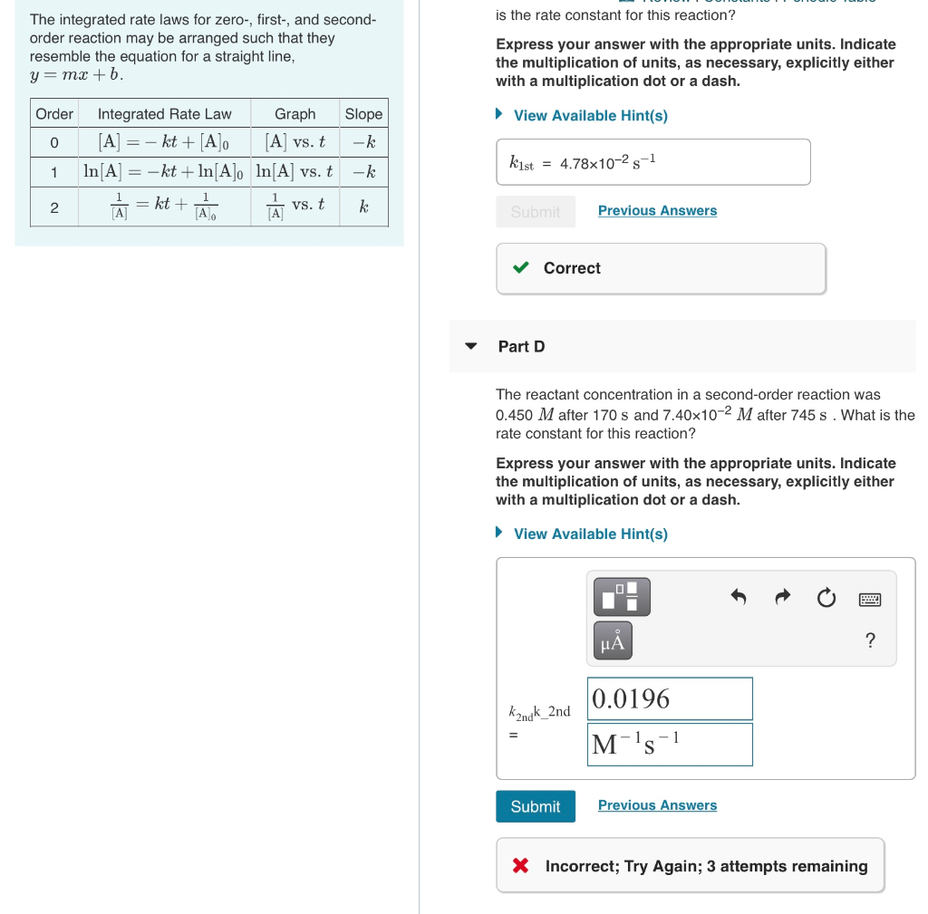 Solved The integrated rate laws for zero-, first-, and | Chegg.com
