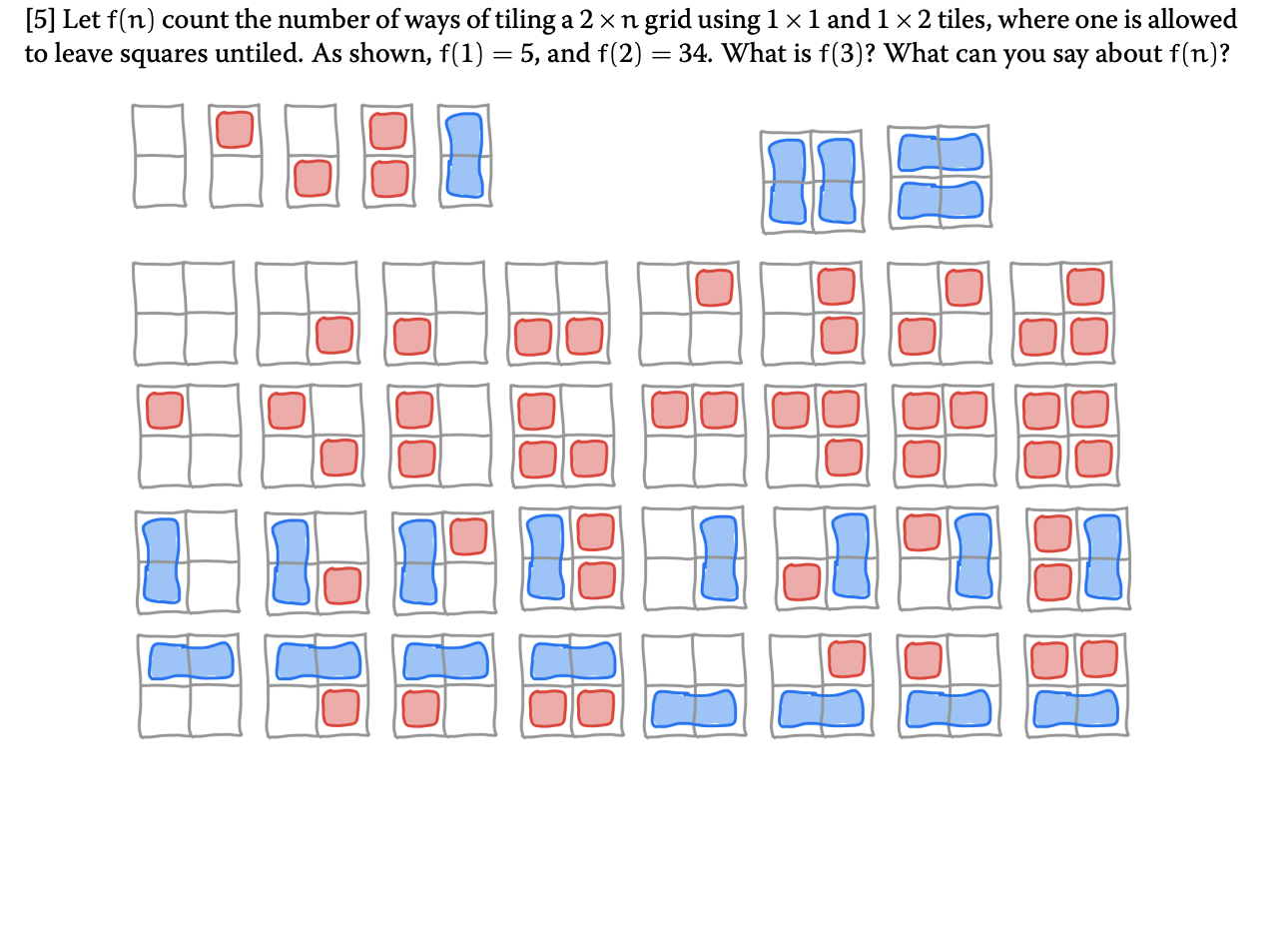 Solved [5] Let f(n) count the number of ways of tiling a 2×n | Chegg.com