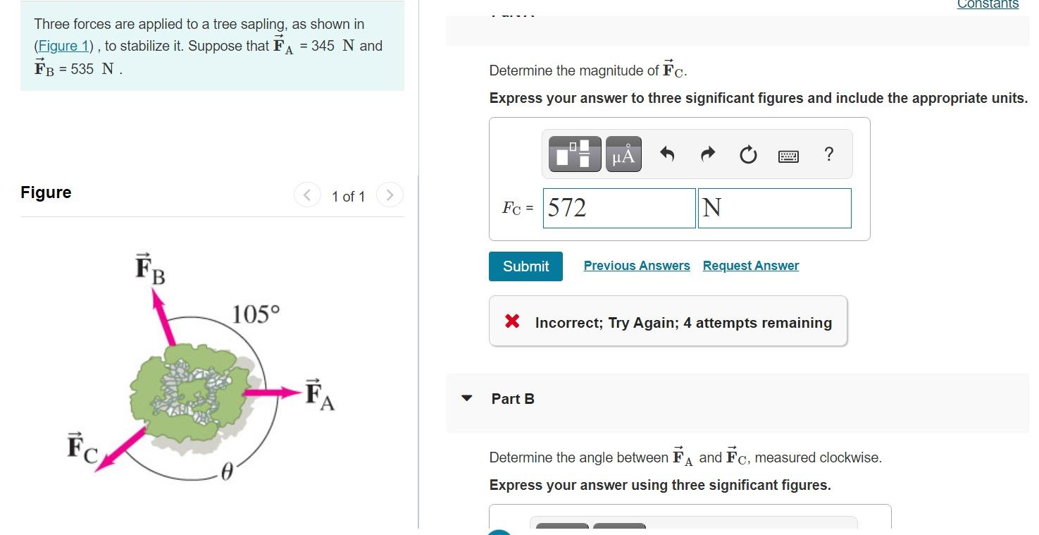 Solved Constants Three forces are applied to a tree sapling, | Chegg.com
