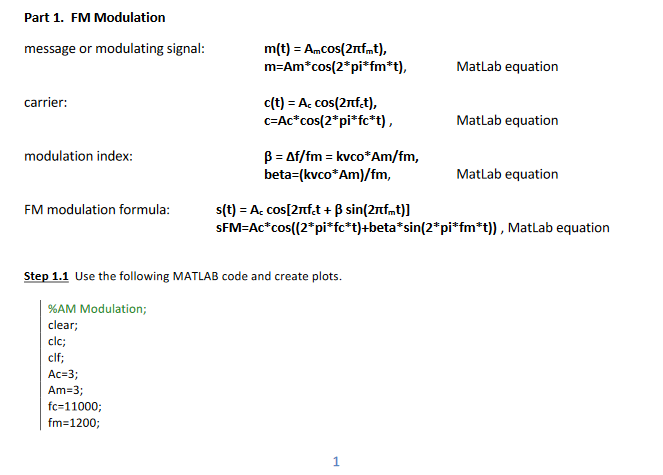 Solved Part 1. FM Modulation message or modulating signal: | Chegg.com