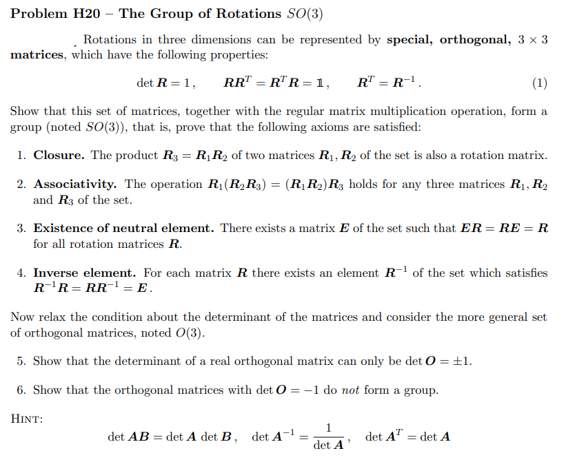 Solved Problem H20 - The Group of Rotations SO(3) Rotations | Chegg.com