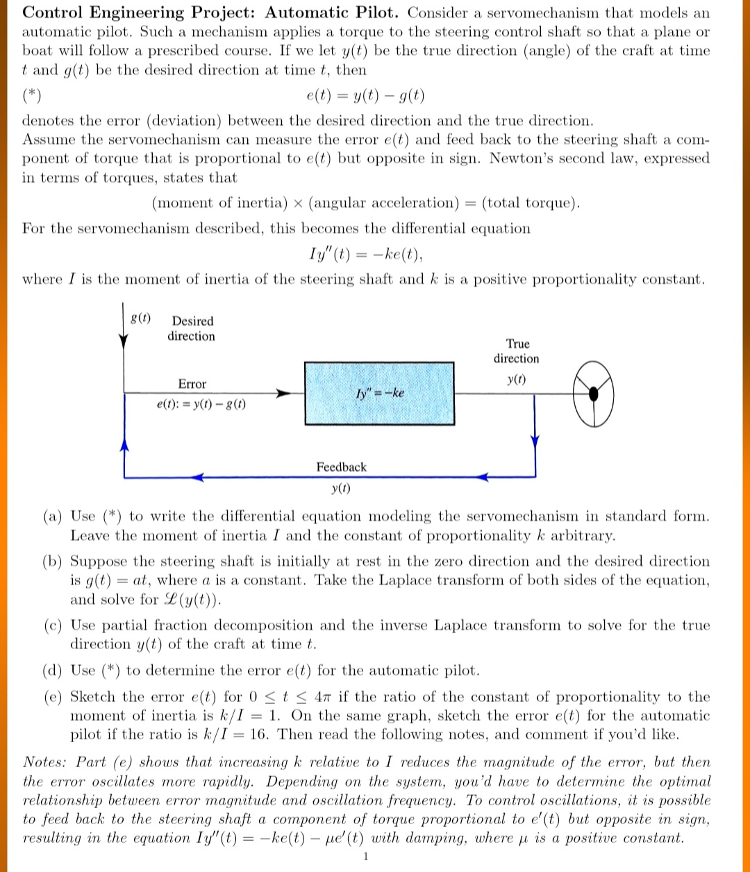 Control Engineering Project: Automatic Pilot. | Chegg.com