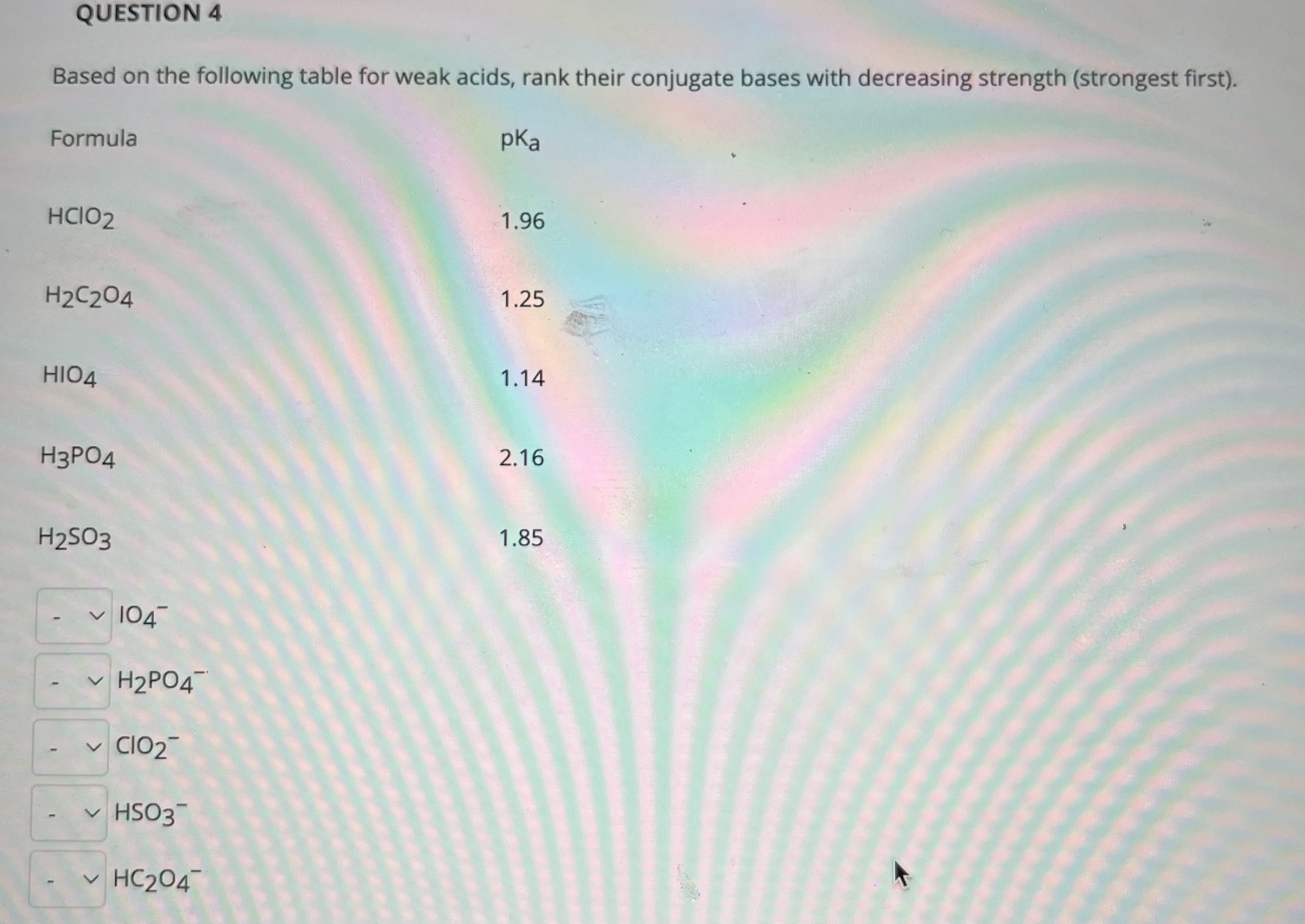 Solved Based on the following table for weak acids, rank | Chegg.com