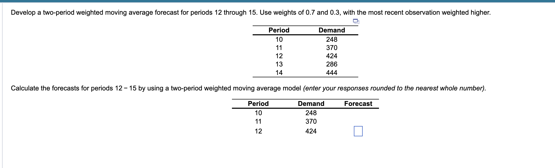 Solved Develop a two-period weighted moving average forecast | Chegg.com