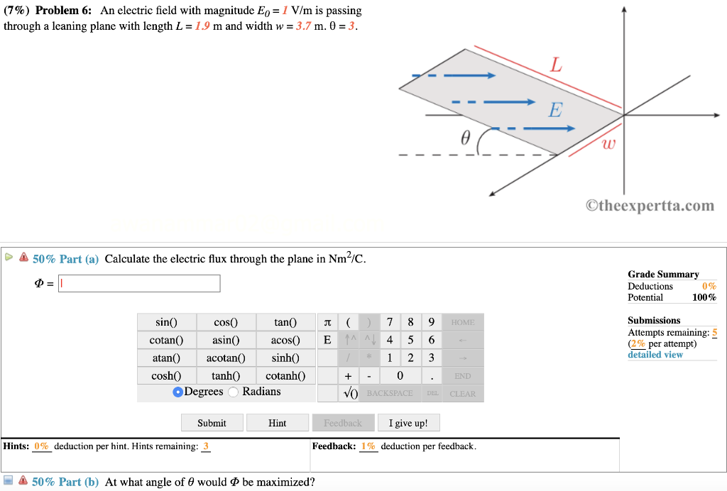 Solved: (7%) Problem 6: An Electric Field With Magnitude E... | Chegg.com